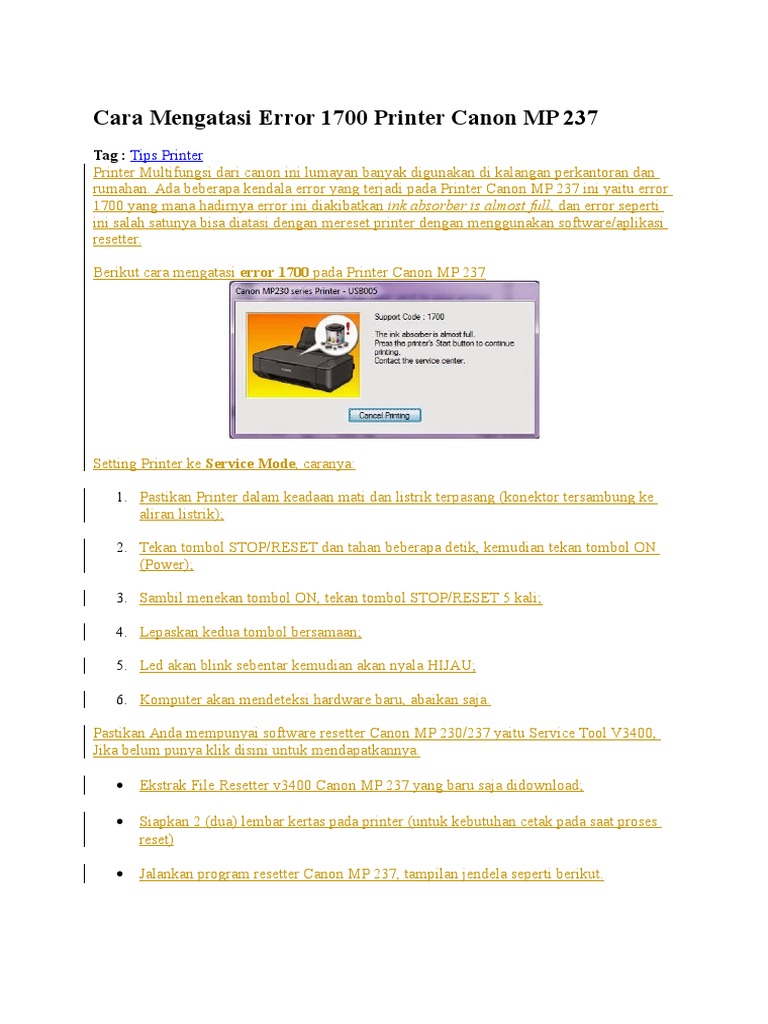 Cara Mengatasi Error 1700 Printer Canon MP 237 | PDF | Teknologi & Rekayasa