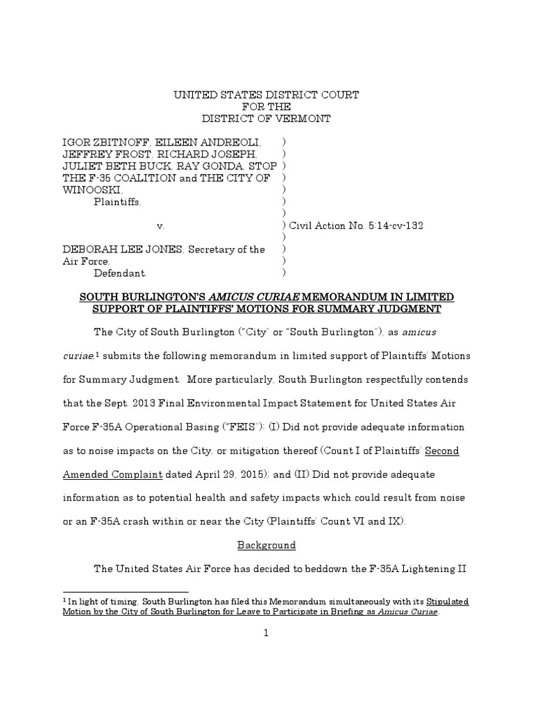 F-35 Amicus Memo | PDF | Lockheed Martin F 35 Lightning Ii | Noise