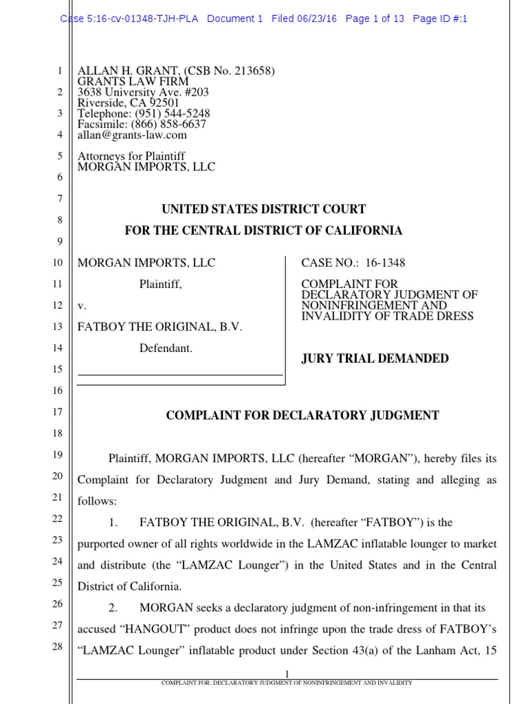 Morgan Imports v. Fatboy - Complaint | PDF | Diversity Jurisdiction ...