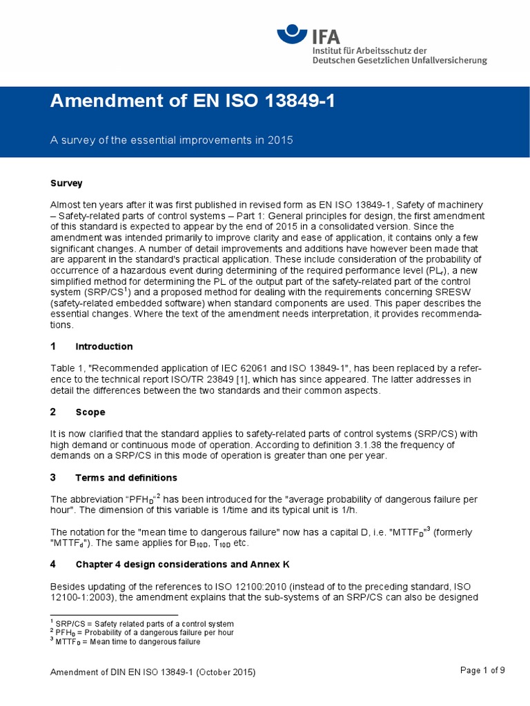 Amendment of ISO 13849-1 | Reliability Engineering | Risk