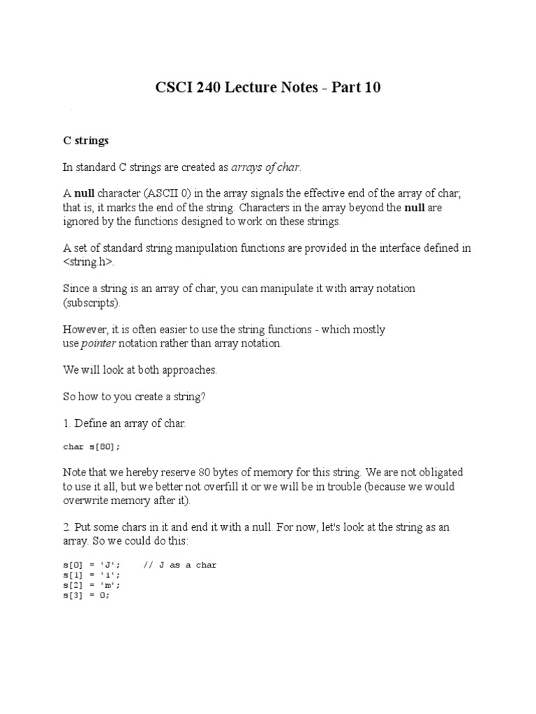 Csci 240 Lecture Notes Part 10 Strings Pdf Pointer Computer Programming C Programming 1293