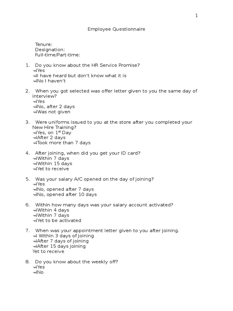 Employee Questionnaire | Labor | Employment