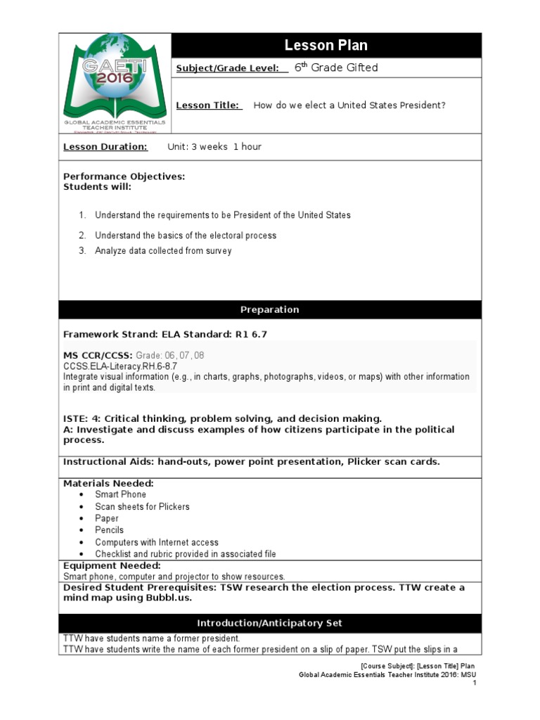 Lesson Plan: 6 Grade Gifted | PDF | Classroom | Educational Assessment