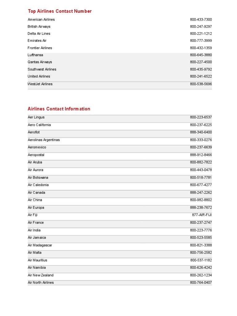 Top Airlines Contact Number | PDF | Airlines | Aviation