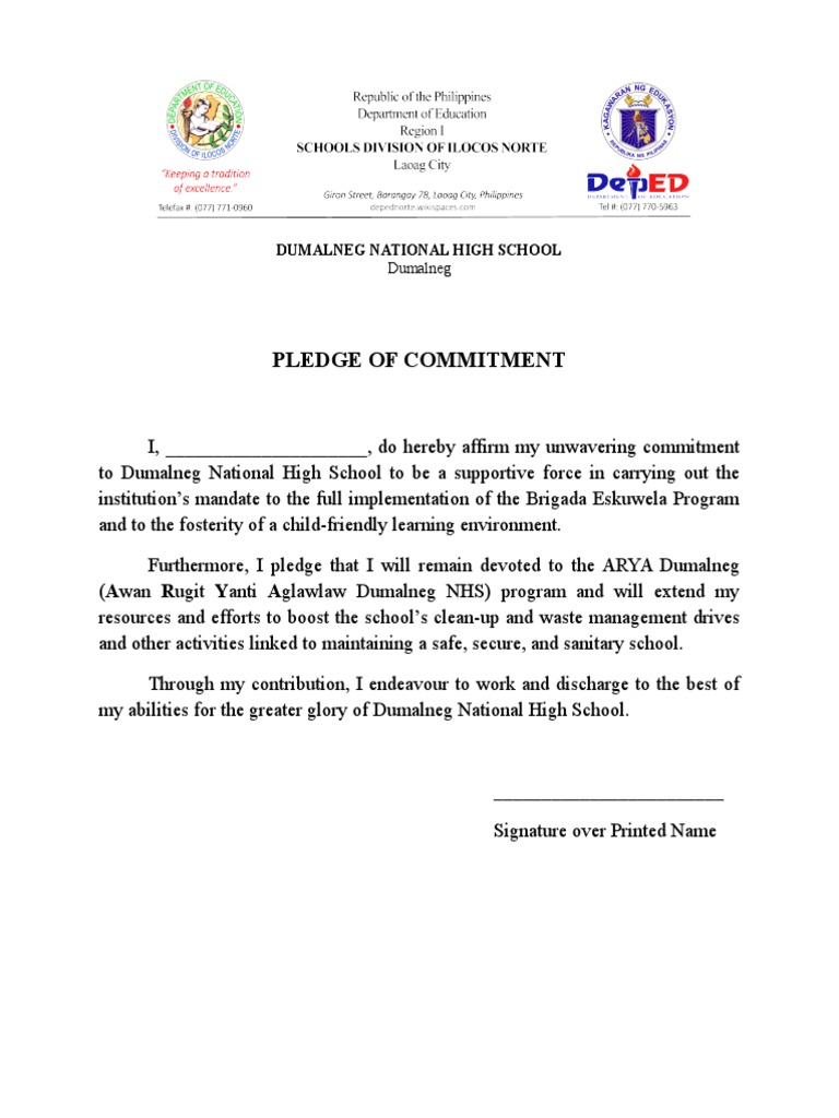 Pledge of Commitment: Dumalneg National High School | PDF
