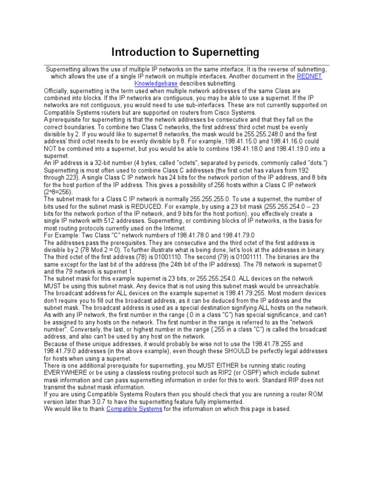 Introduction To Supernetting | PDF | Ip Address | Computer Network