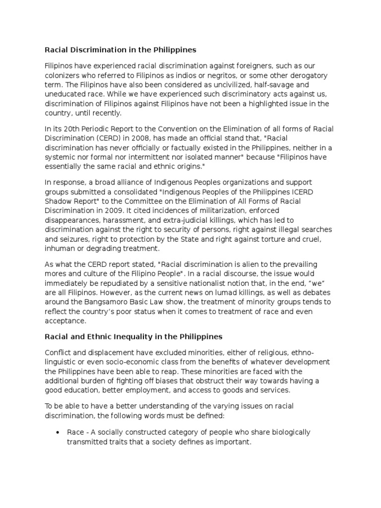 Racial Discrimination in The Philippines | PDF | Discrimination | Race ...