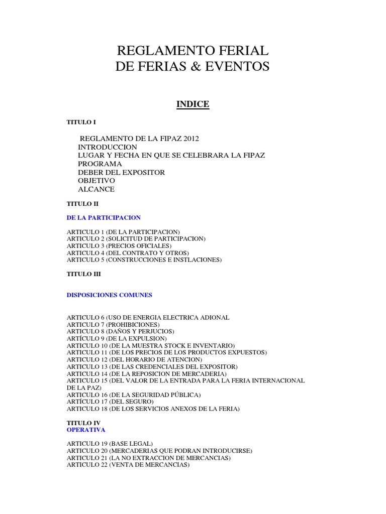 REGLAMENTO FERIAL Fipaz | PDF | Pagos | aduana