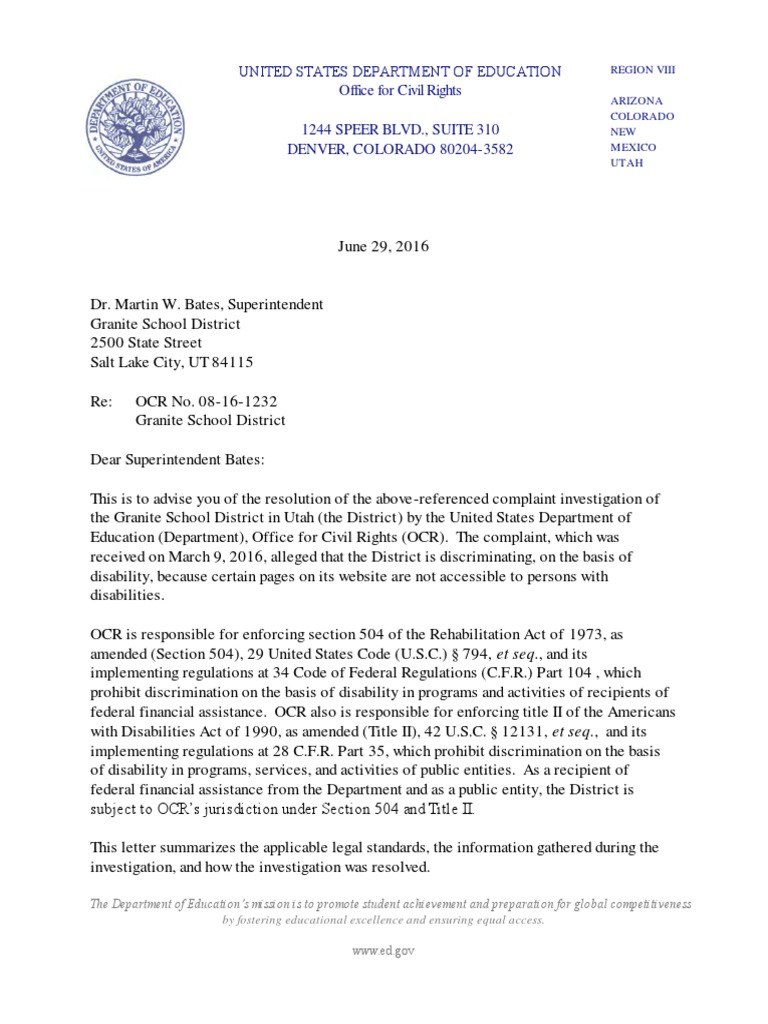 Office of Civil Rights' Letter To Granite School District | Section 504 ...