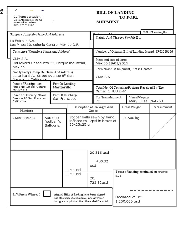 Bill of Landing For Port To Port Shipment: CL Transportation S.A | PDF