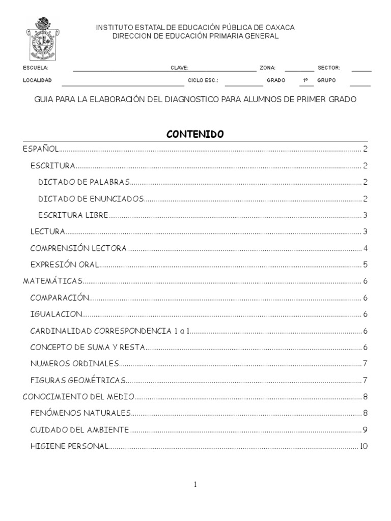 Diagnóstico para Primer Grado.doc | Educación primaria | Lectura (proceso)