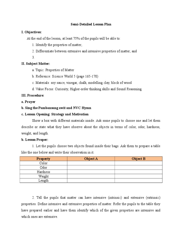 Semi-Detailed Lesson Plan I. Objectives | PDF
