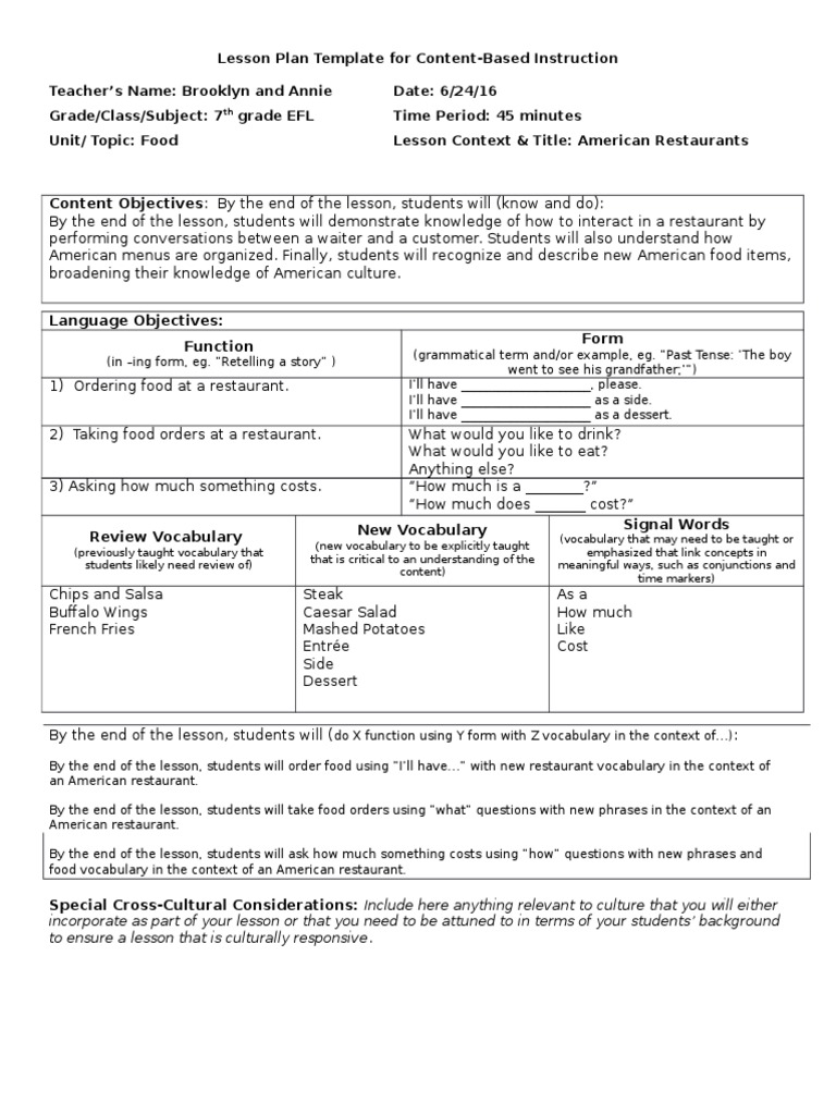 EFL Lesson Plan: American Restaurants | PDF | Vocabulary | Educational ...