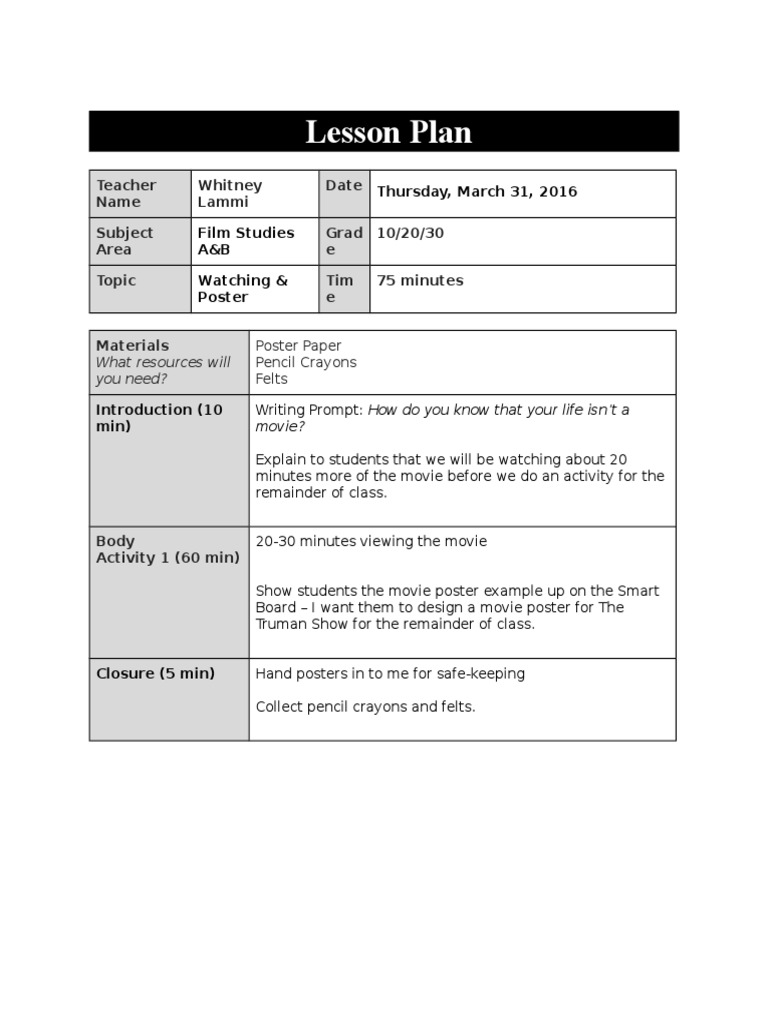 Film Studies Lesson Plan: The Truman Show | PDF | Education Theory ...
