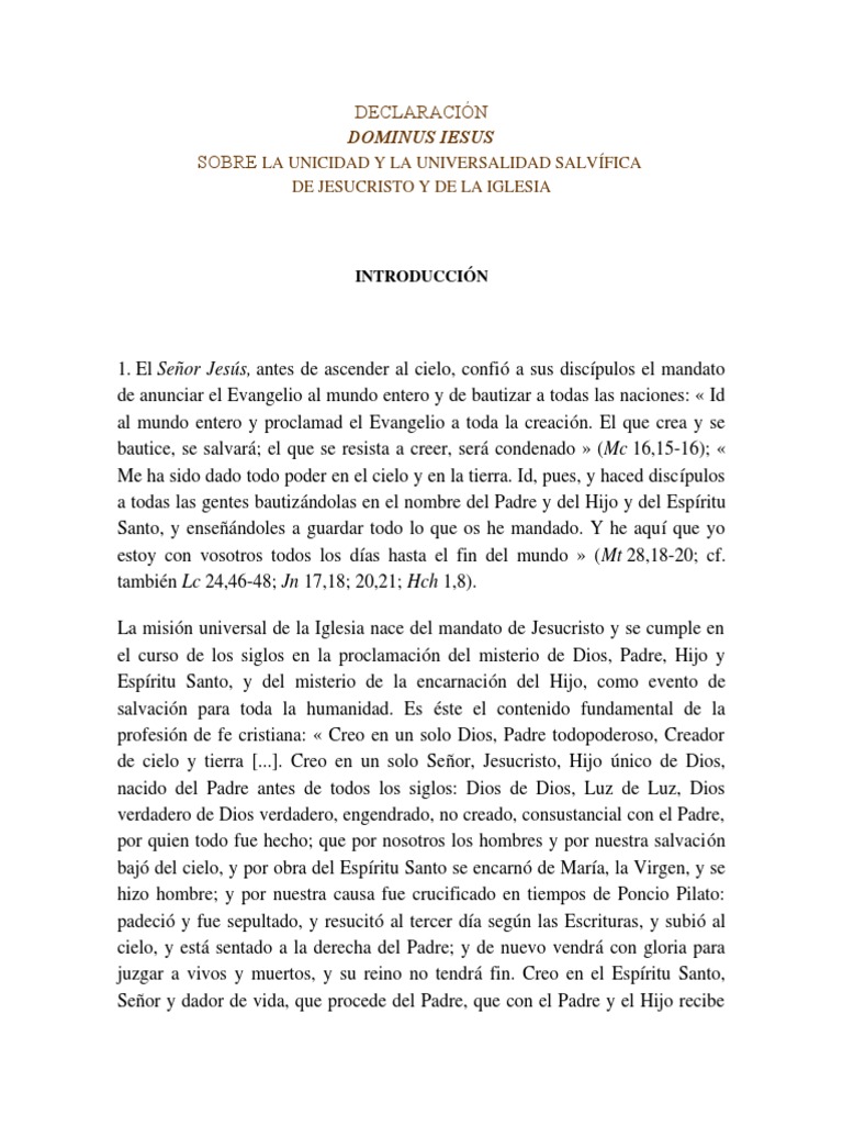 DECLARACIÓN DOMINUS IESUS SOBRE LA UNICIDAD Y LA UNIVERSALIDAD ...