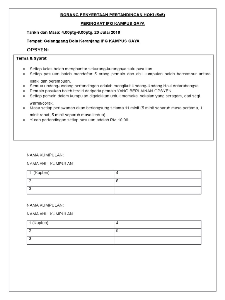Borang-Penyertaan-Pertandingan Hoki | PDF