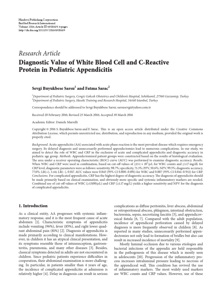 Diagnostic Value of WBC and CRP in Peds Appendicitis PDF | PDF