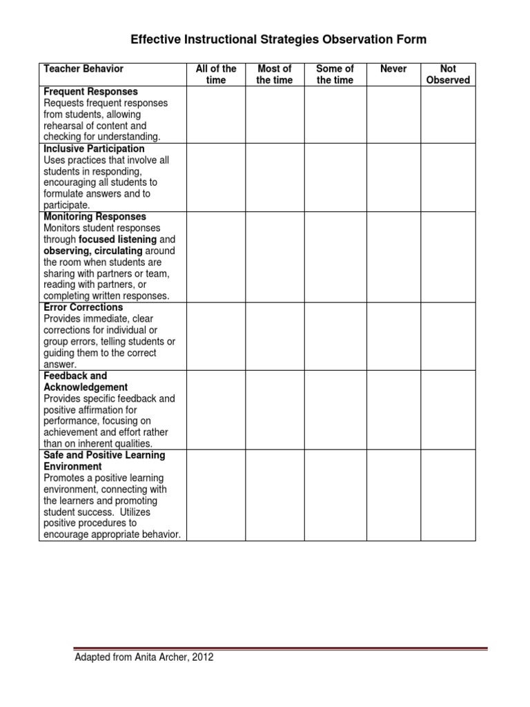 10.0 Effective Instruction Observation Form | PDF