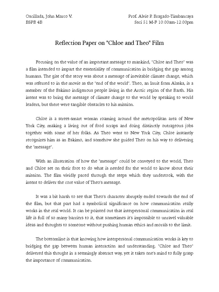 Reflection Paper On "Chloe and Theo" Film | PDF