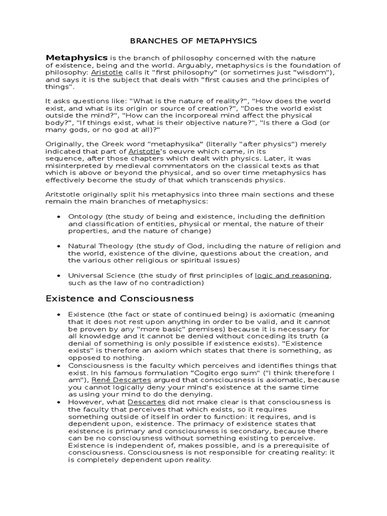 Overview of Metaphysics Branches | PDF | Epistemology | Philosophy Of Mind
