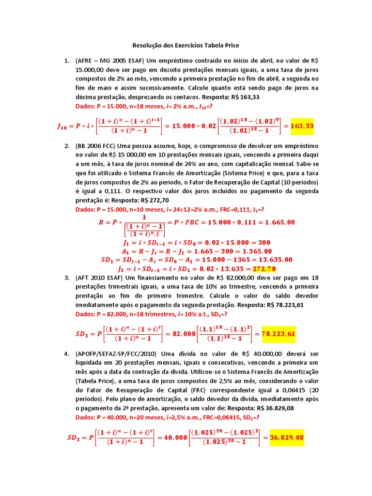 Resolucao Dos Exercicios Tabela Price | PDF | Juros | Economia monetária