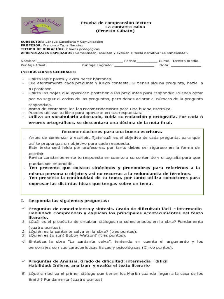 Prueba Comprensión La Cantante Calva | PDF | Comprensión lectora | Idiomas