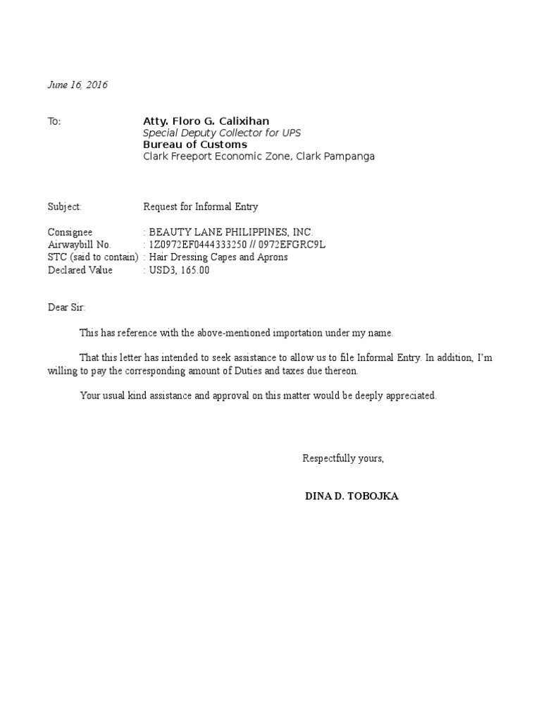 Sample Letter Request For Filing Informal Entry | PDF
