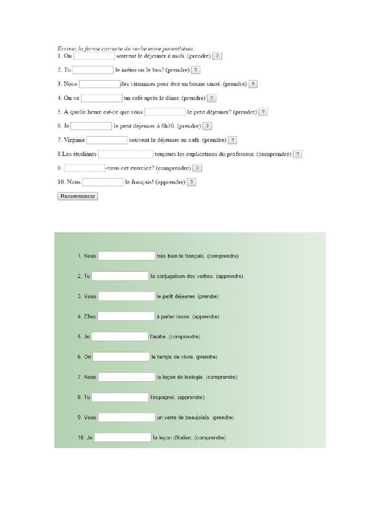 Verbes Prendre Comprendre Apprendre Exercices | PDF