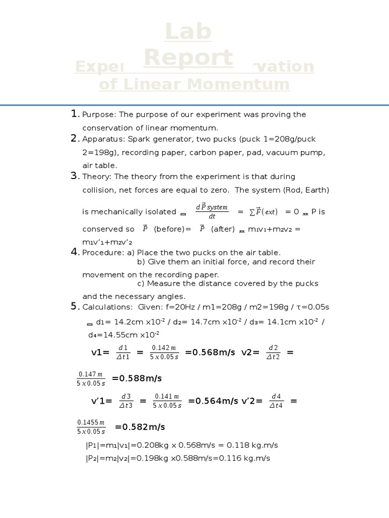 Linear Momentum Conservation Lab Report | PDF | Science & Mathematics