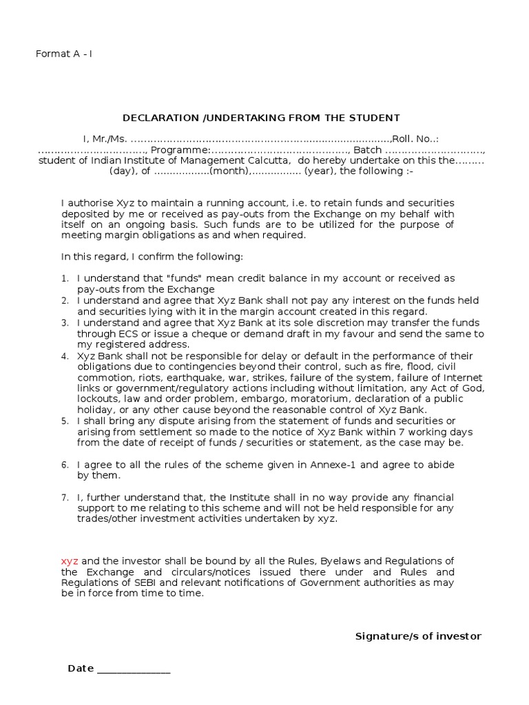Self Declaration for Students format | Investing | Investor