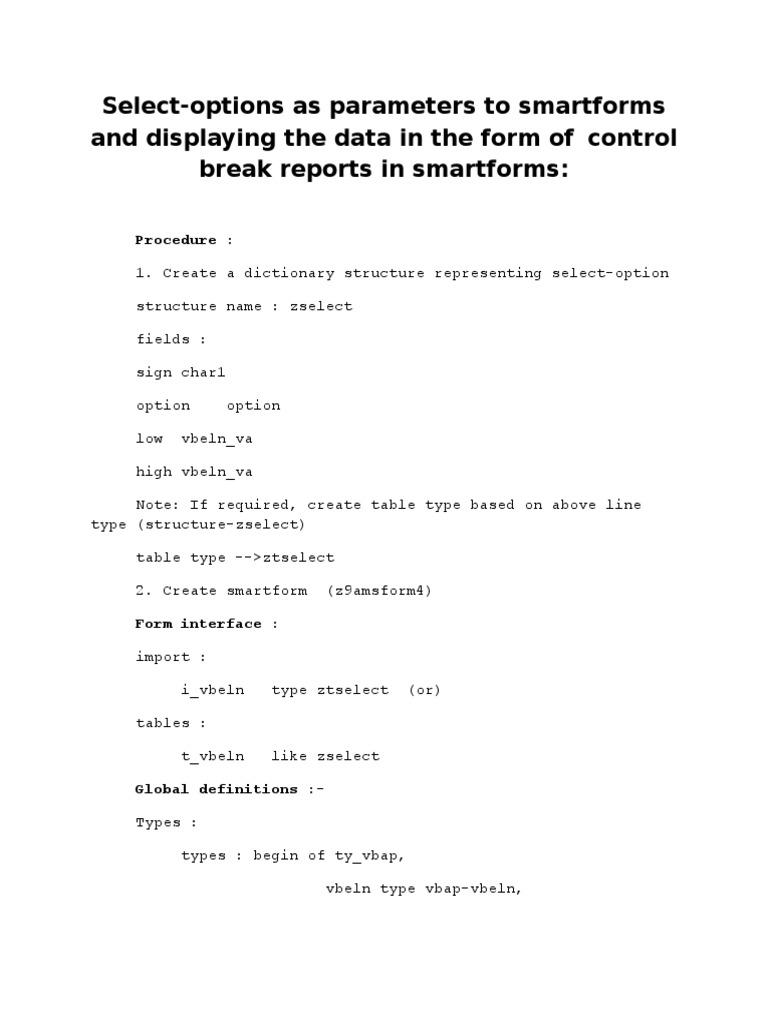 Select Options As Parameters To Smartforms, Control Break Events Functionality in Smartforms | PDF