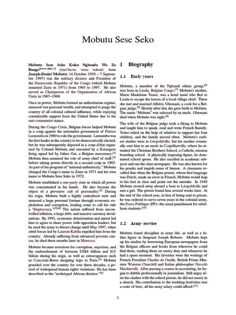 Mobutu Sese Seko | PDF | Democratic Republic Of The Congo | Unrest