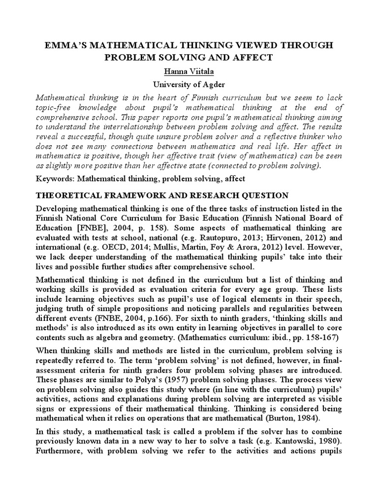 Emma'S Mathematical Thinking Viewed Through Problem Solving and Affect ...