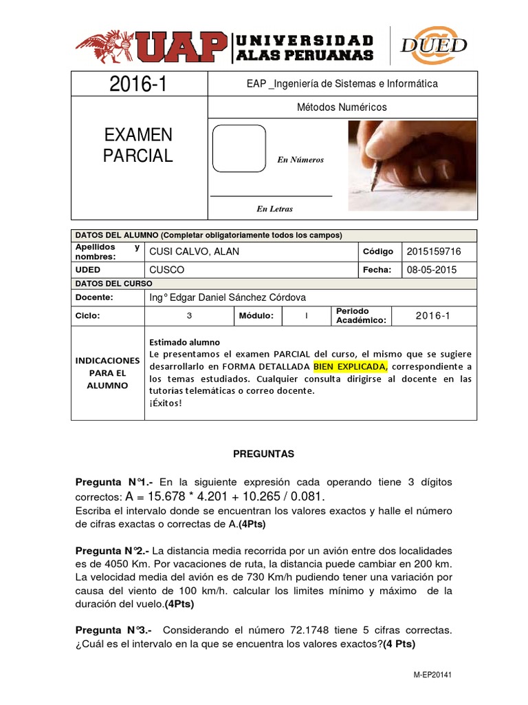 Examen Parcial - Metodos Numéricos | PDF | Análisis numérico | Matemáticas Aplicadas