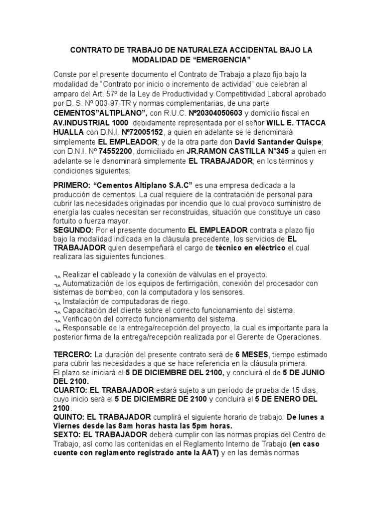 Contrato de Trabajo de Naturaleza Accidental Bajo La Modalidad de Emegencia | Derecho laboral ...