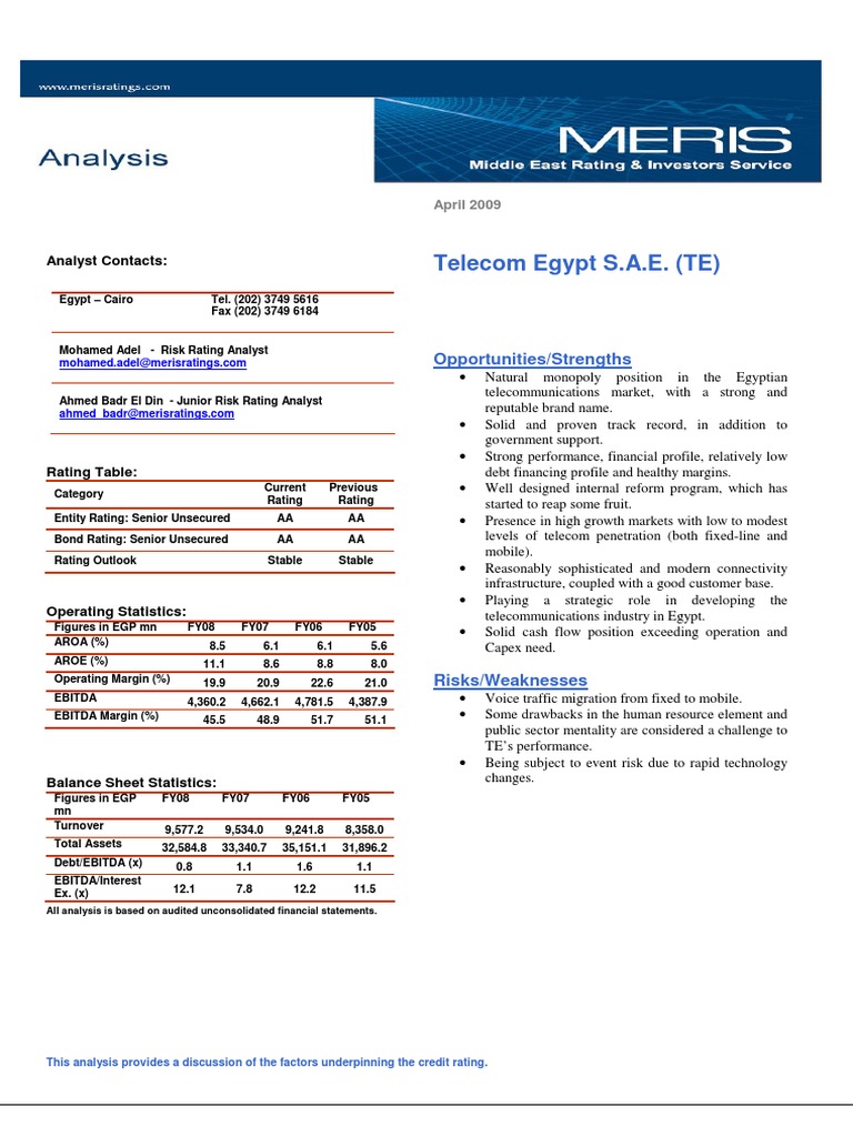 Telecom Egypt Credit Rating | PDF | Debt | Subscription Business Model