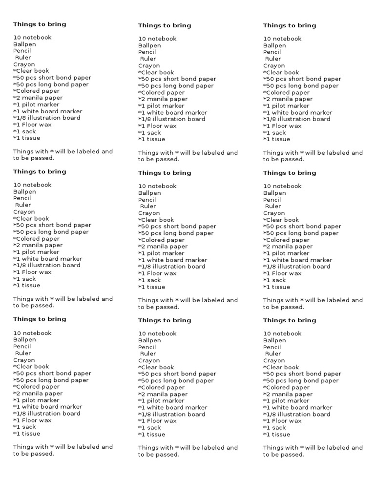 Things To Bring Things To Bring Things To Bring | PDF