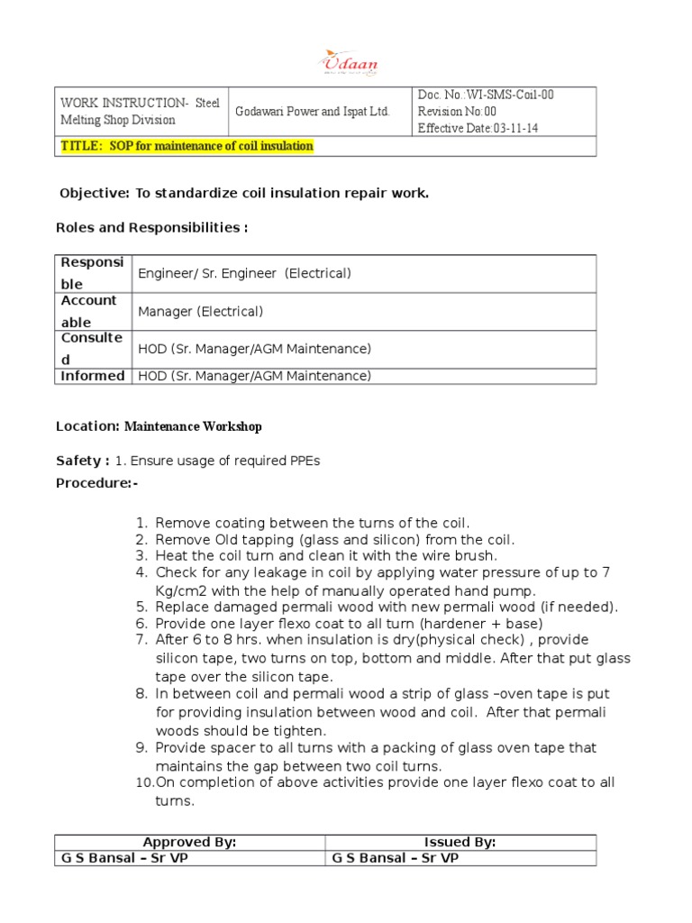 Sop For Coil Insulation Electrical Maintenance | PDF