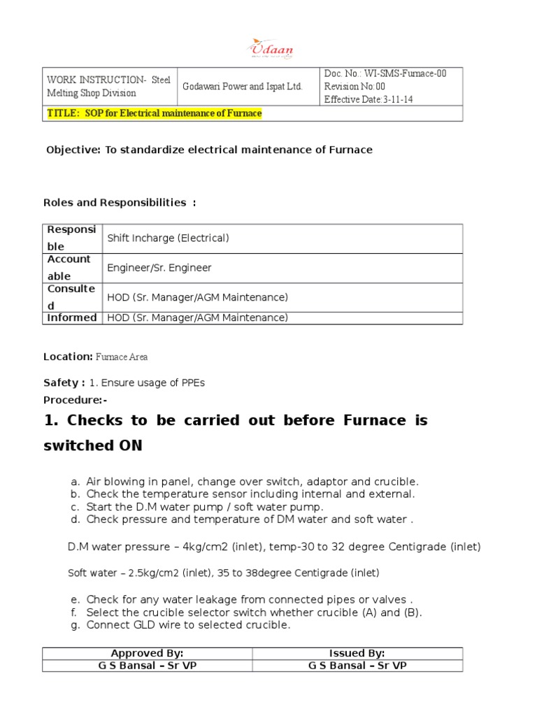 Sop For Electrical Maintenance Furnace | PDF