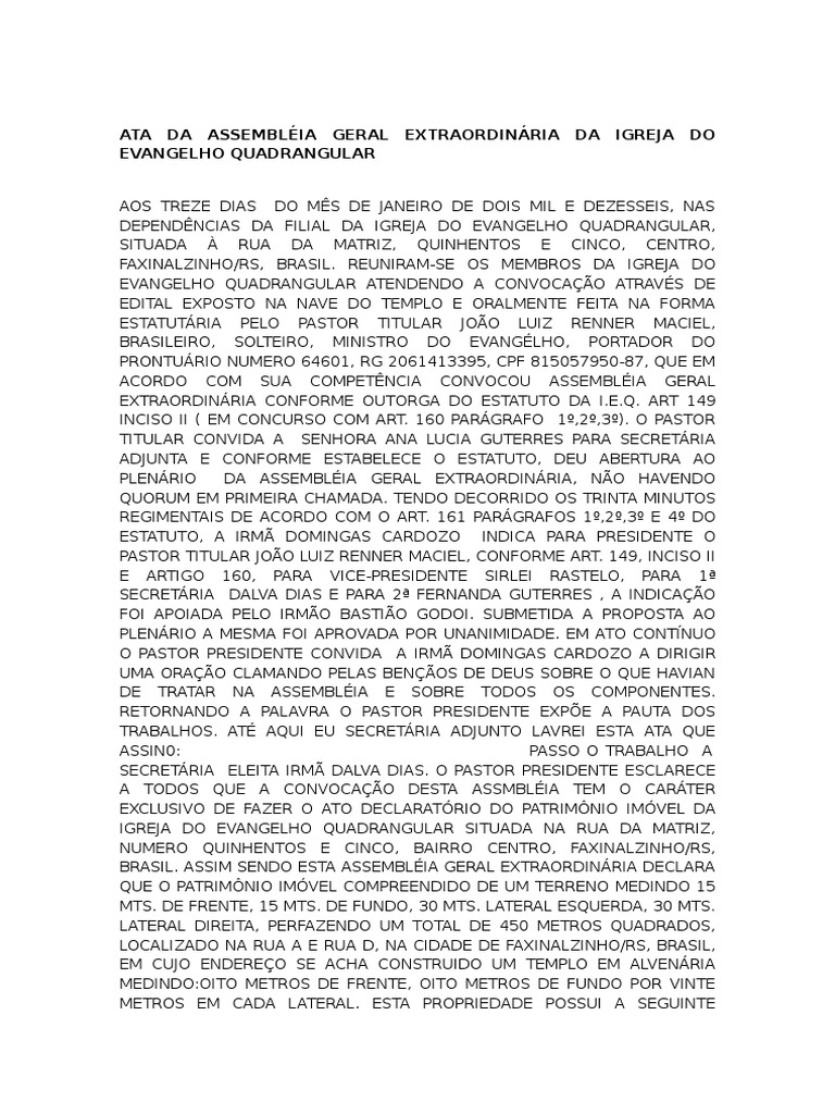 Ata Da Assembléia Geral Extraordinária Da Igreja Do Evangelho Quadrangular