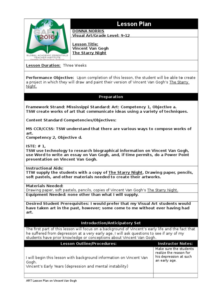 Lesson Plans On Vincent Van Gogh | PDF | Lesson Plan | Vincent Van Gogh