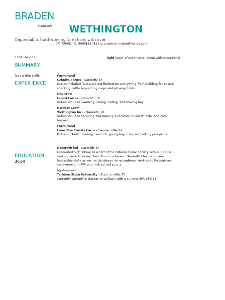 Farm Hand Resume with Leadership Skills | PDF | Wellness | Technology ...