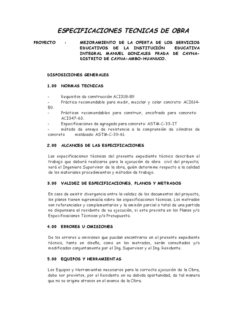 Especificaciones Tecnicas de Obra General Cayna