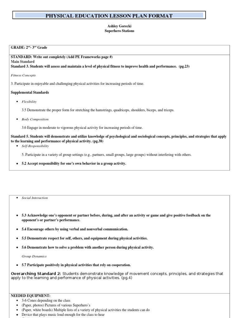 Physical Education Lesson Plan Format: Main Standard | PDF | Physical ...