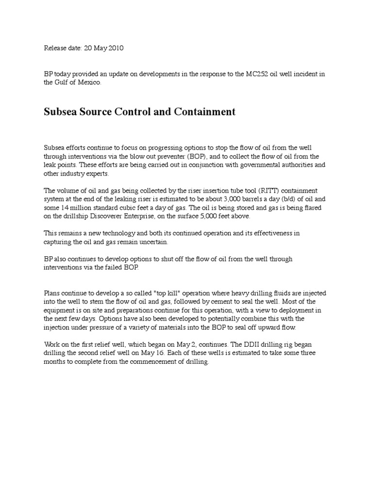 BP Press Release Oil Spill Disaster May 20 2010 | PDF | Oils ...