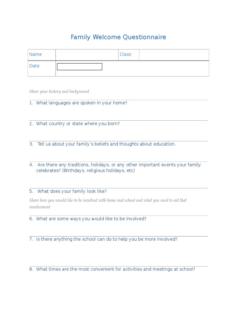 Family Welcome Questionnaire | PDF