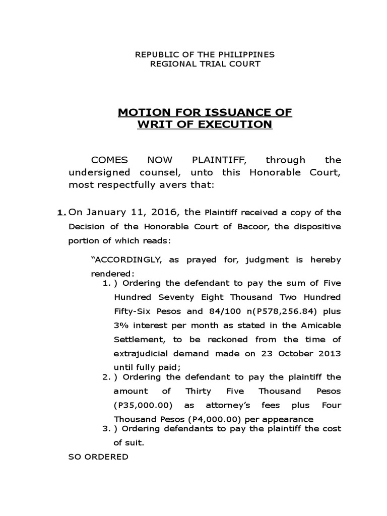 Motion For Writ of Execution | PDF | Judgment (Law) | Separation Of Powers