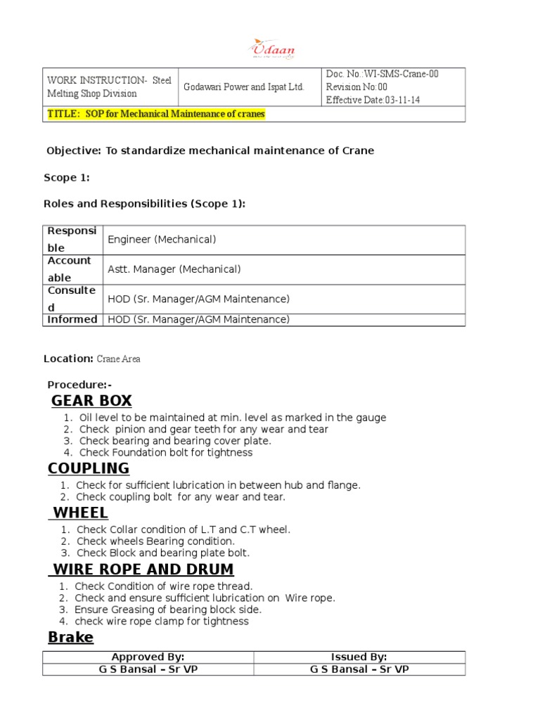 Sop For Mechanical Maintenance Crane | PDF