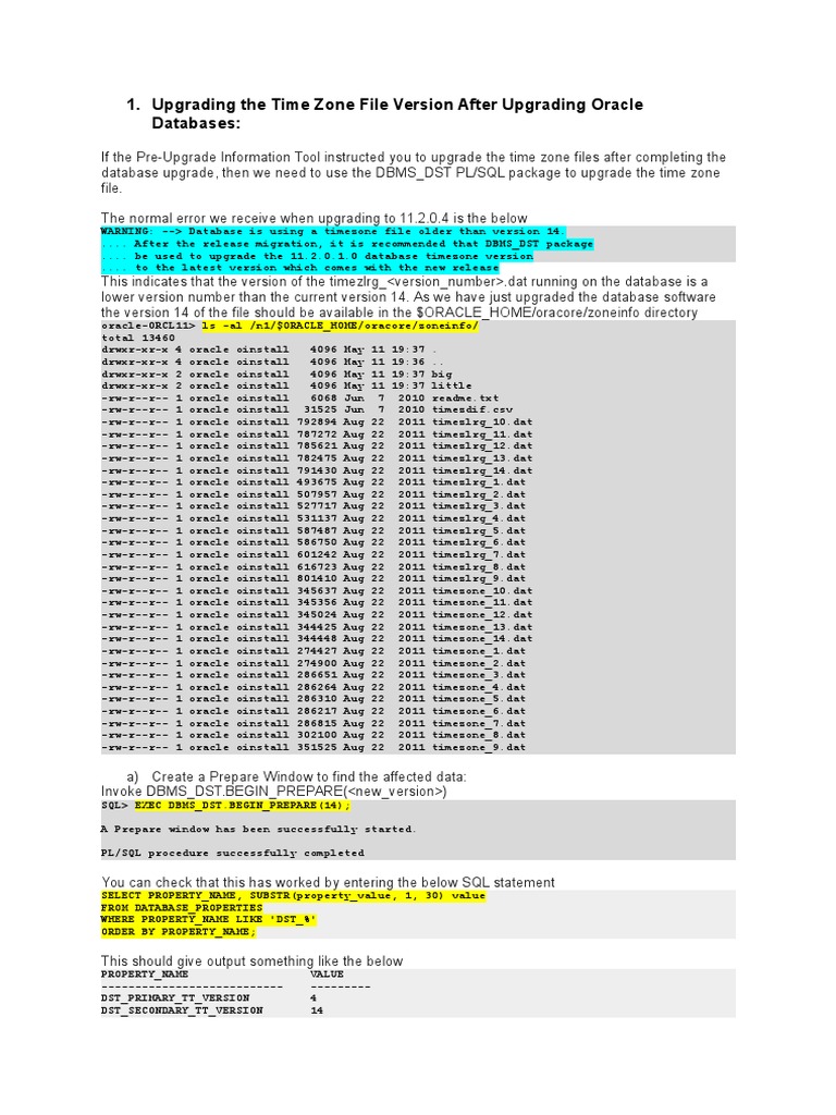 Upgrading The Time Zone File Version After Upgrading Oracle Databases | PDF | Oracle Database ...