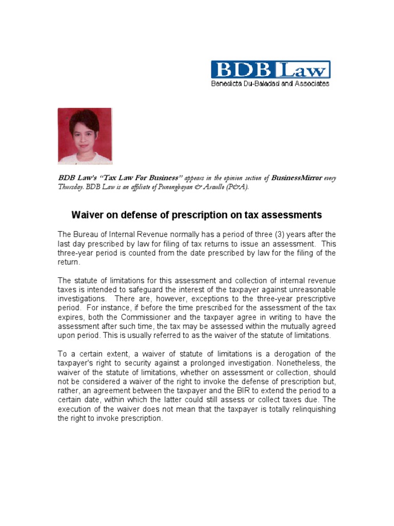 Waiver BIR | PDF | Internal Revenue Service | Taxes